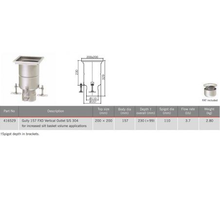 ACO Hygienic Stainless Steel Gully 157 - Fixed Height Vertical Outlet Body For Increased Silt Basket