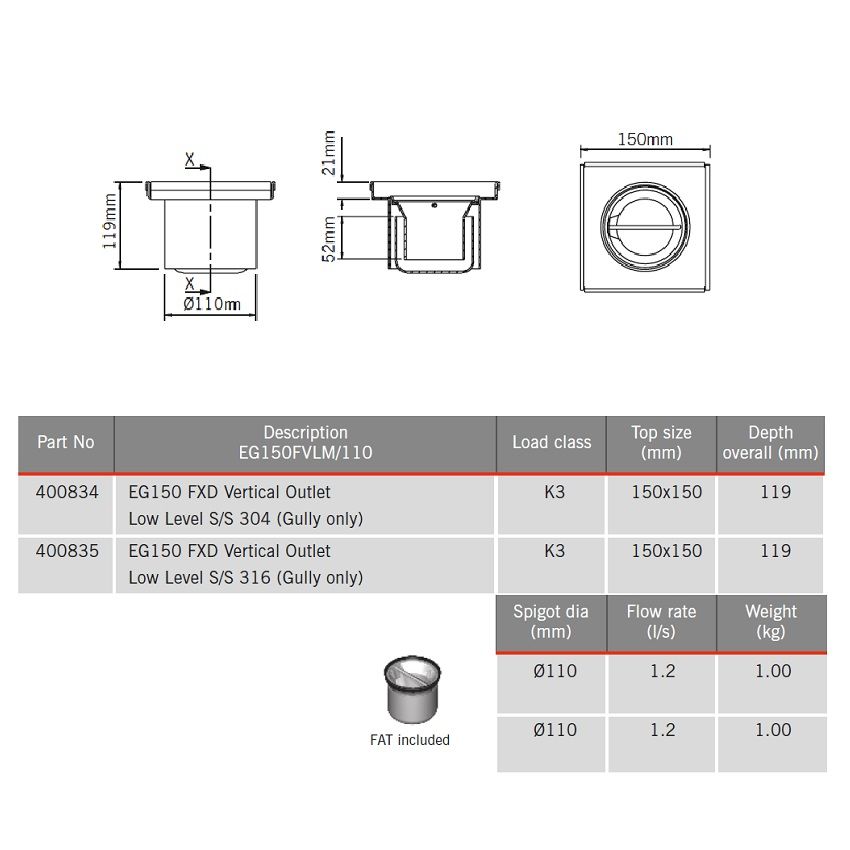 ACO Hygienic Stainless Steel EG150 2 Part Gully System - Fixed Height Vertical Outlet