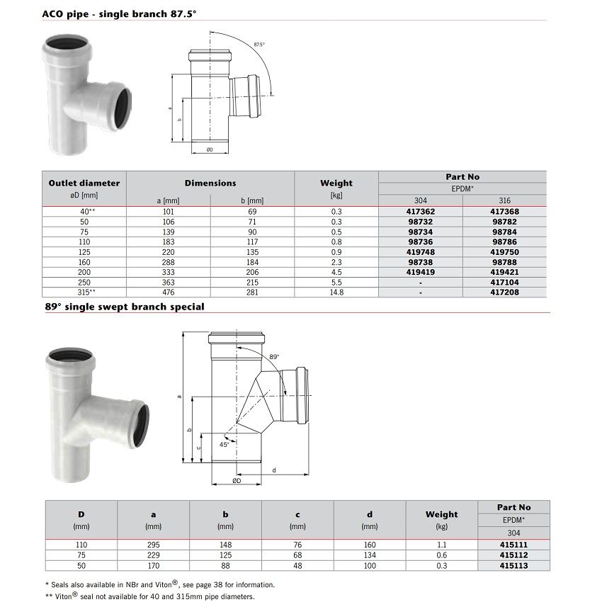 ACO Stainless Steel Socketed 89 Degree Swept Pipe Branch with EPDM Seal
